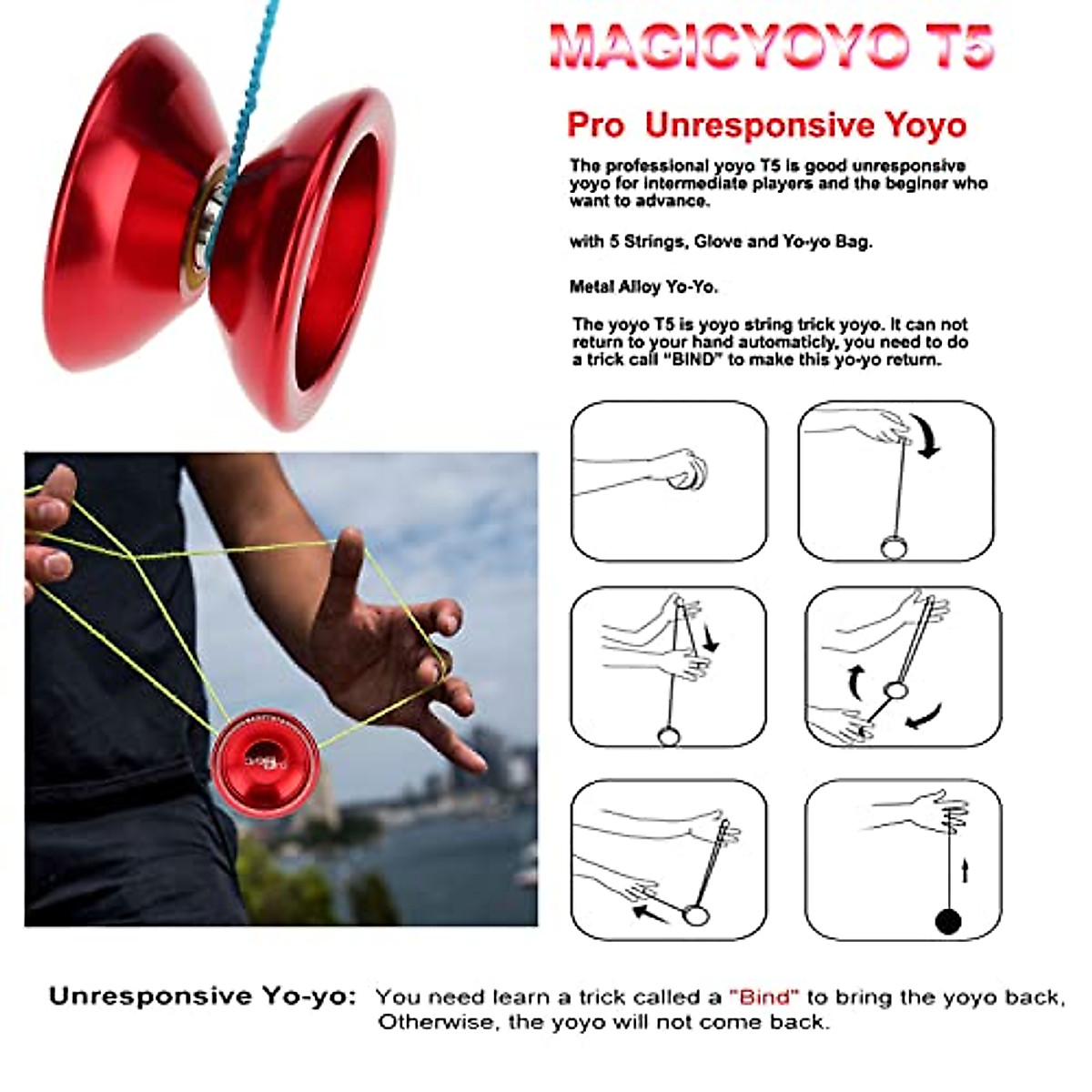Magicyoyo Metal T5 Overlord Professional Unresponsive Yoyo, Alloy Yoyo with 5 YoYo Strings, YoYo Bag, Glove (Red)