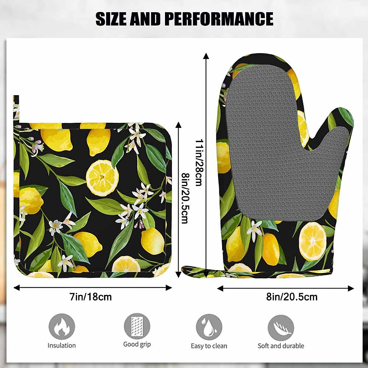 Mxocom Lemon Fruits Silicone Oven Mitts and Pot Holders Sets Flowers Leaves Lemons BBQ Gloves for Kitchen,Cooking,Baking,Grilling
