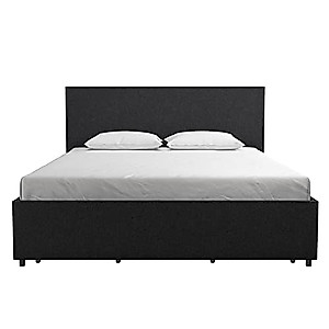Novogratz Kelly Upholstered Bed with Underbed Storage Drawers and Clean Lined Headboard, Queen, Dark Gray Linen