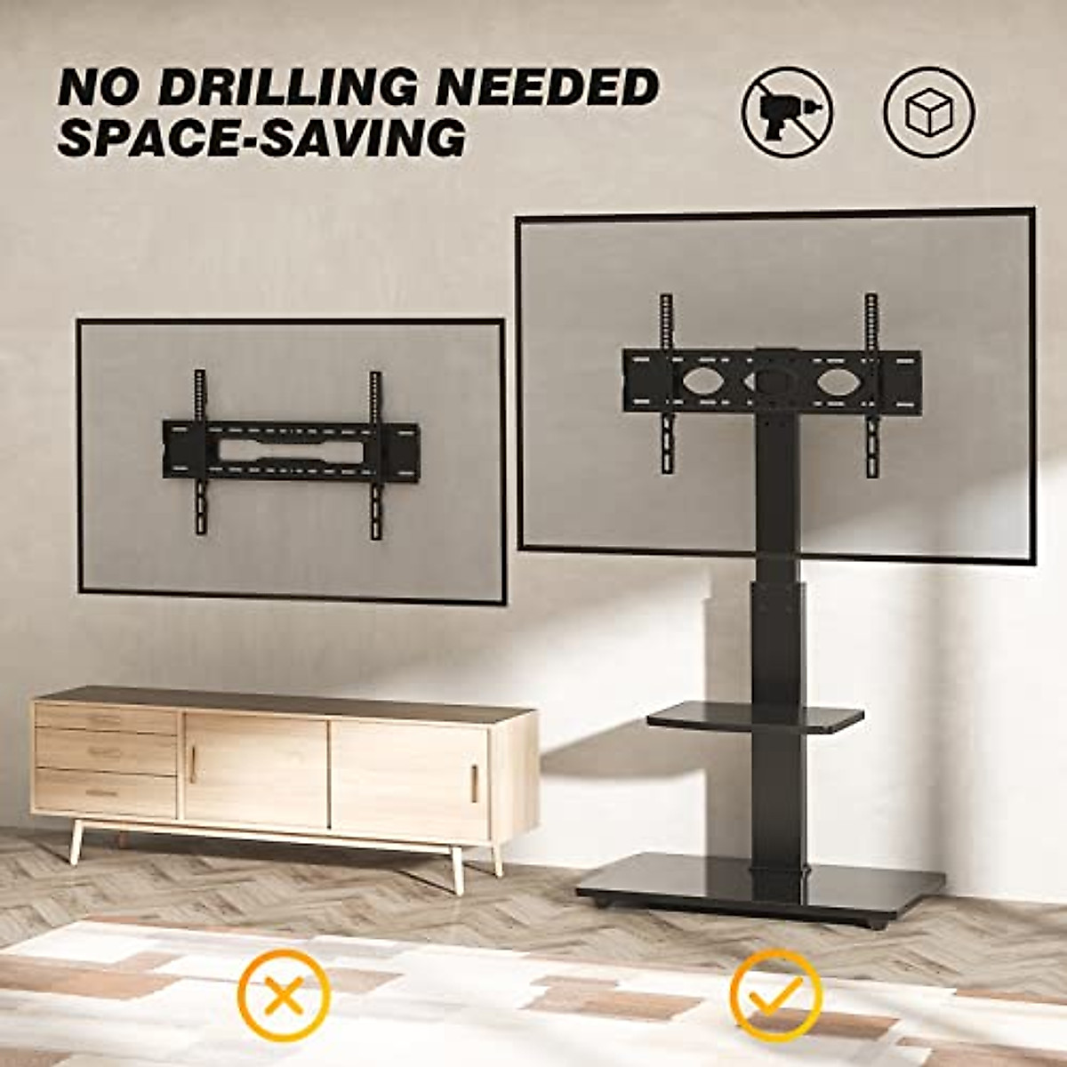5Rcom TV Stand with Mount, Height Adjustable TV Floor Stand with Shelves for 32 37 43 50 55 60 65 70 inch Plasma LCD LED Flat or Curved Screen TVs, TV Stand for Bedroom, Living Room