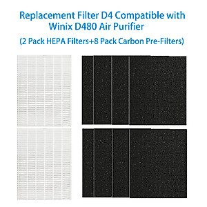 D480 Replacement Filter D4 Compatible with Winix D480 Air Purifier, Item Number 1712-0100-00, 2 True HEPA D4 Filters and 8 Activated Carbon Pre-Filters