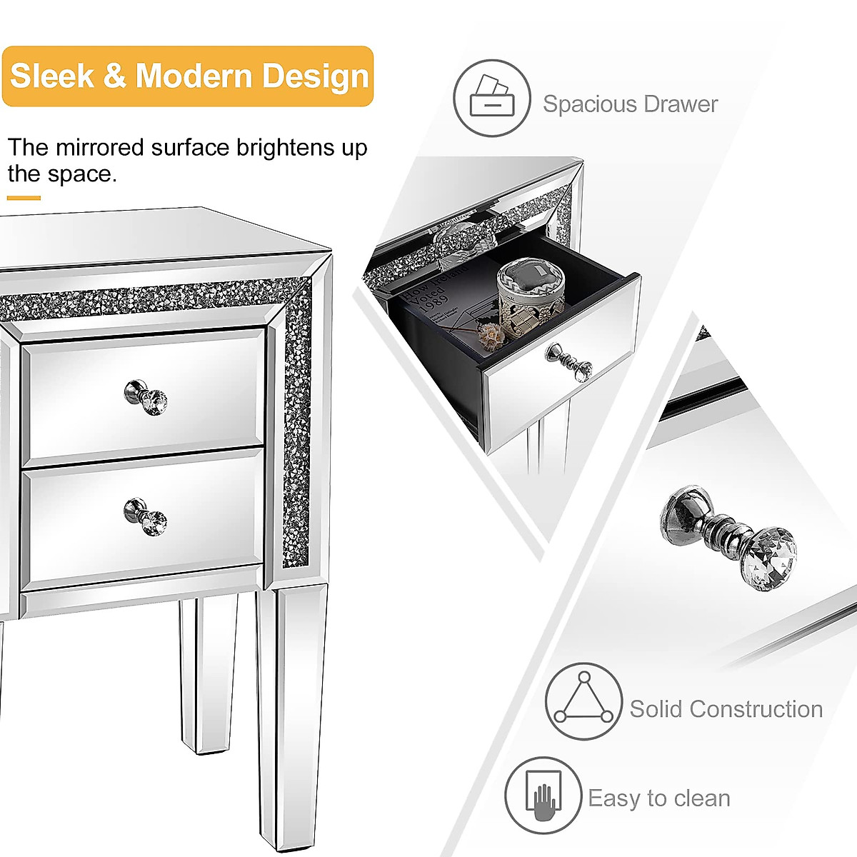 VINGLI Mirrored Nightstand, Mirrored Bedside Table with Drawer, Mirror Silver Night Stand, Mirrored Glass End Table Crushed Diamond Glitter Night Stand for Small Spaces/Bedroom/Living Room, Silver