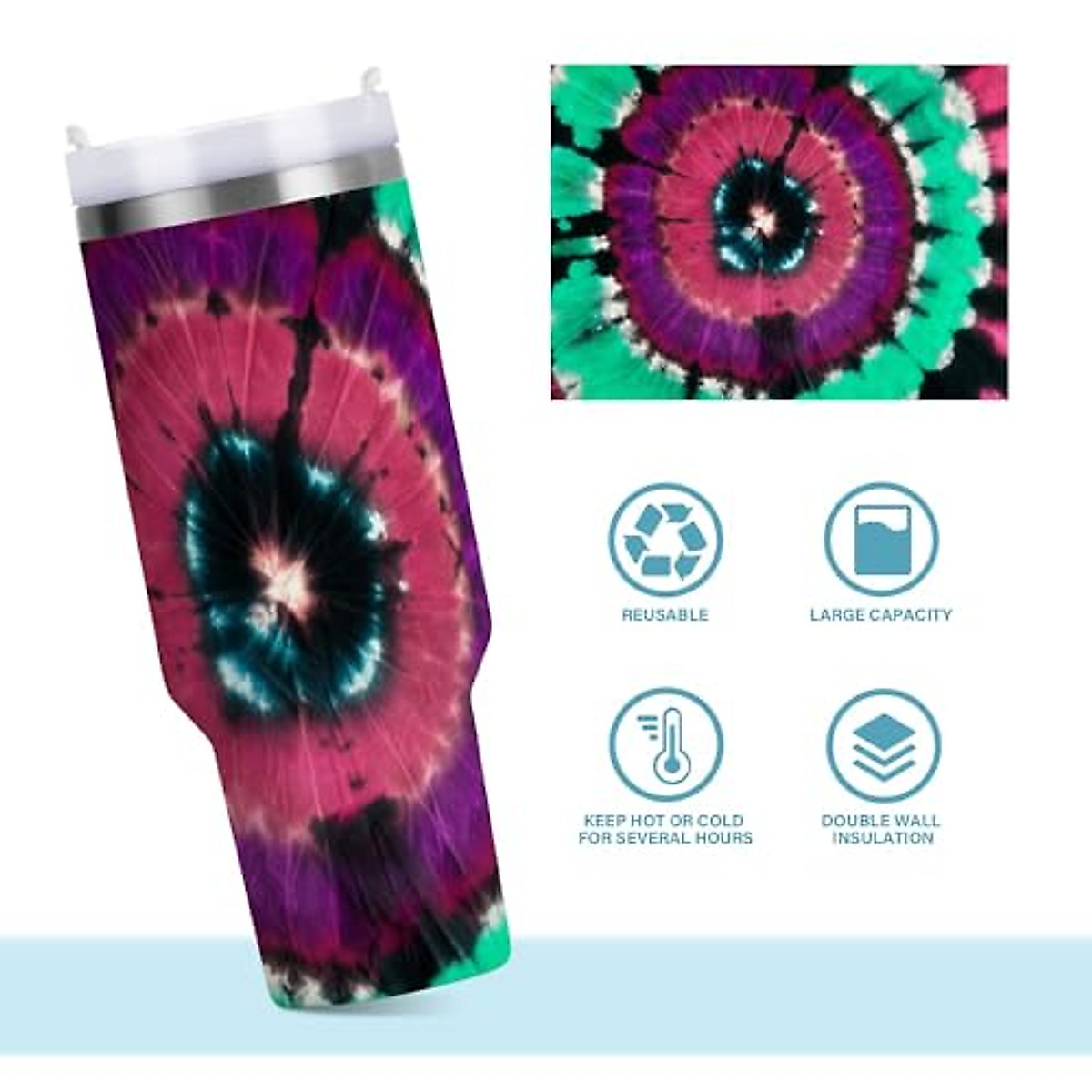 40 Oz Tie Dye Spiral Insulated Water Tumbler with Lid and Straw, Stainless Steel Tumbler