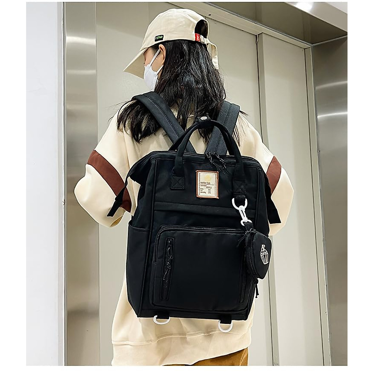 DEEPWIN Kawaii Backpack With Cute Accessories Nylon Shoulder Crossbody Backpack With Small Wallet Accessories (BLACK)