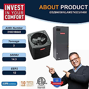 Goodman 3 Ton 14.3 SEER2 Energy-Efficient Single Stage Split System Heat Pump GSZB403610 and Multi-Positional Multi-Speed Air Handler AMST42CU1400 with Internal TXV