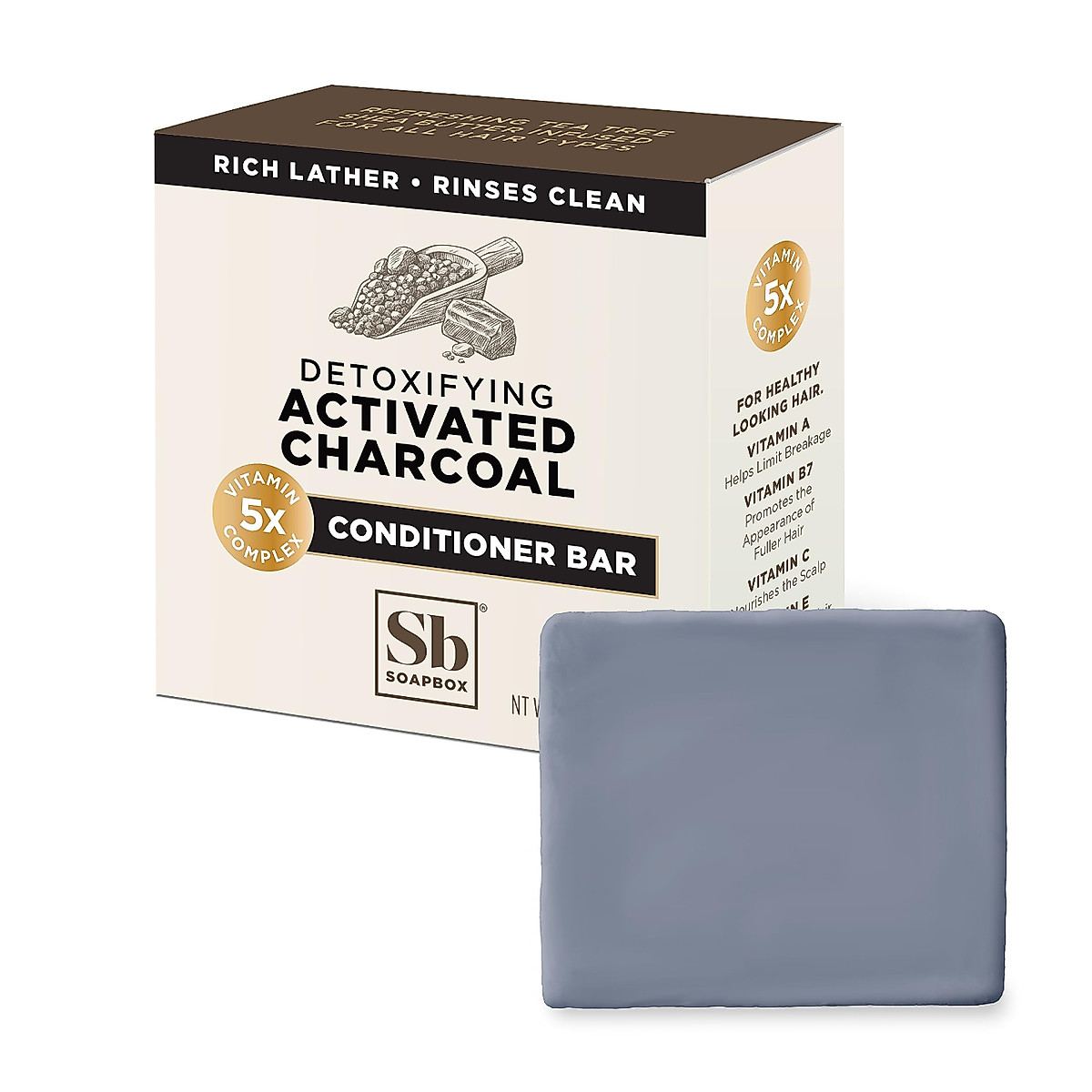 Soapbox Hair Conditioner Bar with Activated Charcoal to Detox & Refresh Dry, Damaged Hair - 2oz Solid Conditioner, Low Plastic, Vegan, Sulfate & Paraben Free Hair Care