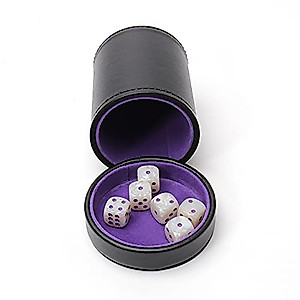 Luck Lab Leather Dice Cup with Lid Including 6 Matching White Pearl and Purple Dice - Purple Velvet Interior for Quiet Shaking - Use for Liars Dice Farkle Yahtzee Board Games, Black