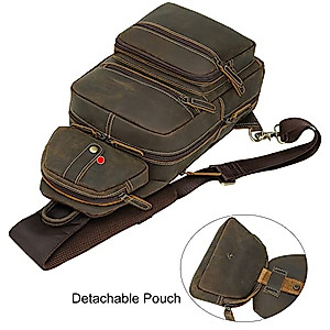 TIDING Men's Genuine Leather Sling Bag Vintage 11 Inch Tablet Crossbody Chest Daypack with Detachable Pocket
