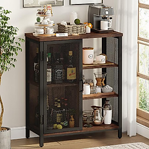 BON AUGURE Coffee Bar Cabinet for Home Liquor, Small Storage Cabinet for Kitchen and Entryway, Farmhouse Industrial Buffet Sideboard with Adjustable Shelves (Rustic Oak)