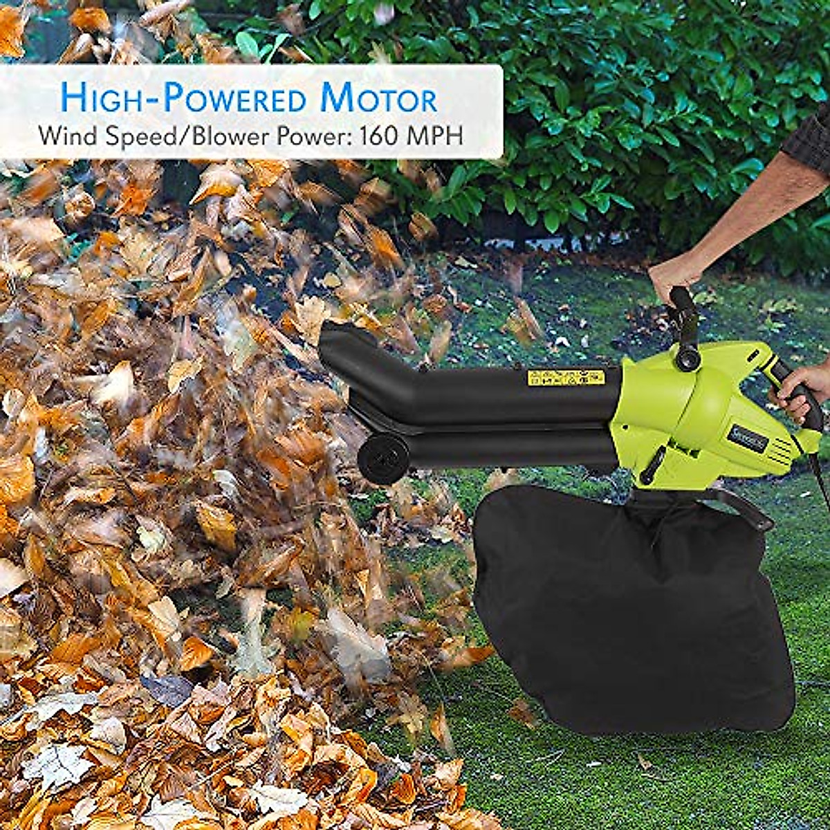 Serene Life Electric Leaf Blower, Vacuum & Shredder Mulcher | 3-in-1 Home & Garden Lawn Tool with Blower Vac Bag (SereneLife PSLHTM34), Black