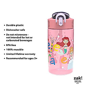 Zak Designs Kids Water Bottle For School or Travel, 16oz 2-Pack Durable Plastic Water Bottle With Straw, Handle, and Leak-Proof, Pop-Up Spout Cover (Disney 100 Princess, Limited Edition)