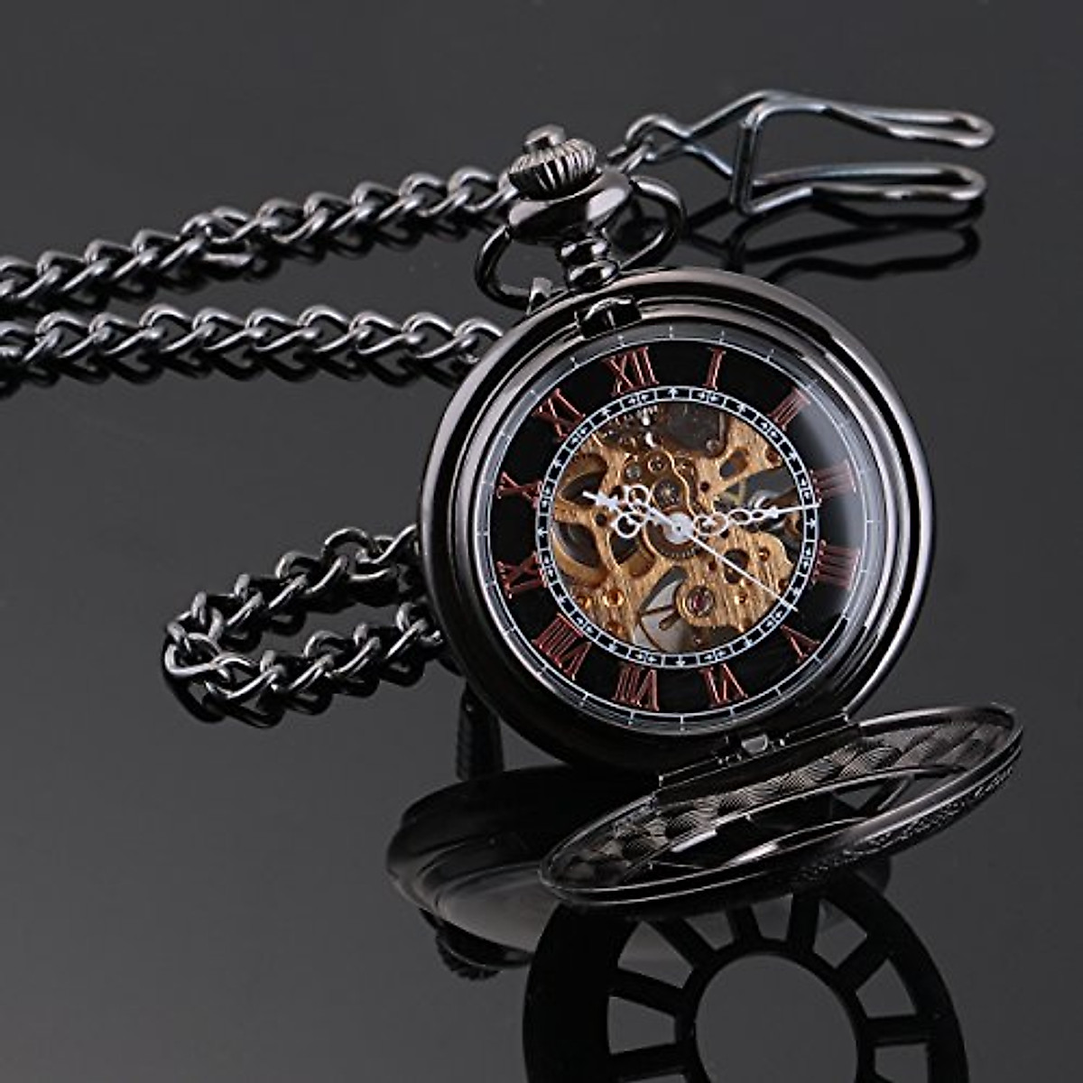 SIBOSUN Skeleton Pocket Watch Special 12 Little Window Case Design Men Black Mechanical with Chain Box