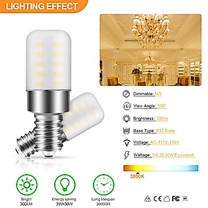 E12 LED Bulb 3W E12 Candelabra Bulbs Equivalent to Halogen Bulb 25W 120V Warm White 3000K C7 Bulb Candle Base for Chandeliers, Ceiling Fan, Dryer Drum, Himalayan Salt Lamps, Refrigerator (2-Pack)