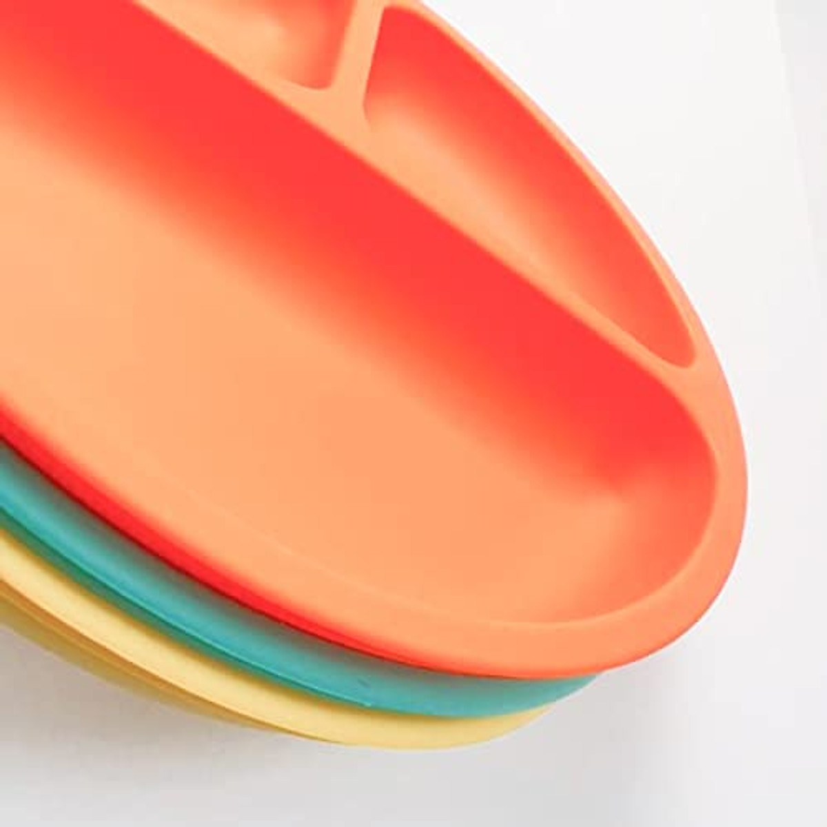 PlusLove Silicone Suction Plate– 100% Silicone Baby Plate, Toddler Plate, Kid Plates, Divided Plate With Suction Feature |Baby Led Weaning Plate| 3 Pack (Orange, Yellow, Teal, With Lids)