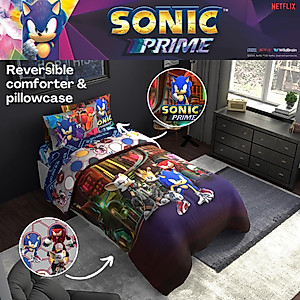 Franco Sonic The Hedgehog Prime Anime Kids Bedding Super Soft Comforter and Sheet Set, 4 Piece Twin Size, (Officially Licensed Product)