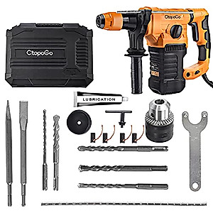 1-1/4 Inch SDS-Plus 12.5 Amp Heavy Duty Rotary Hammer Drill 4 Functions W/Vibration Control Safety Clutch Includes Drill Chuck& Key, Grease, Flat& Point Chisels, 5 Drill Bits, Gloves, Carrying Case
