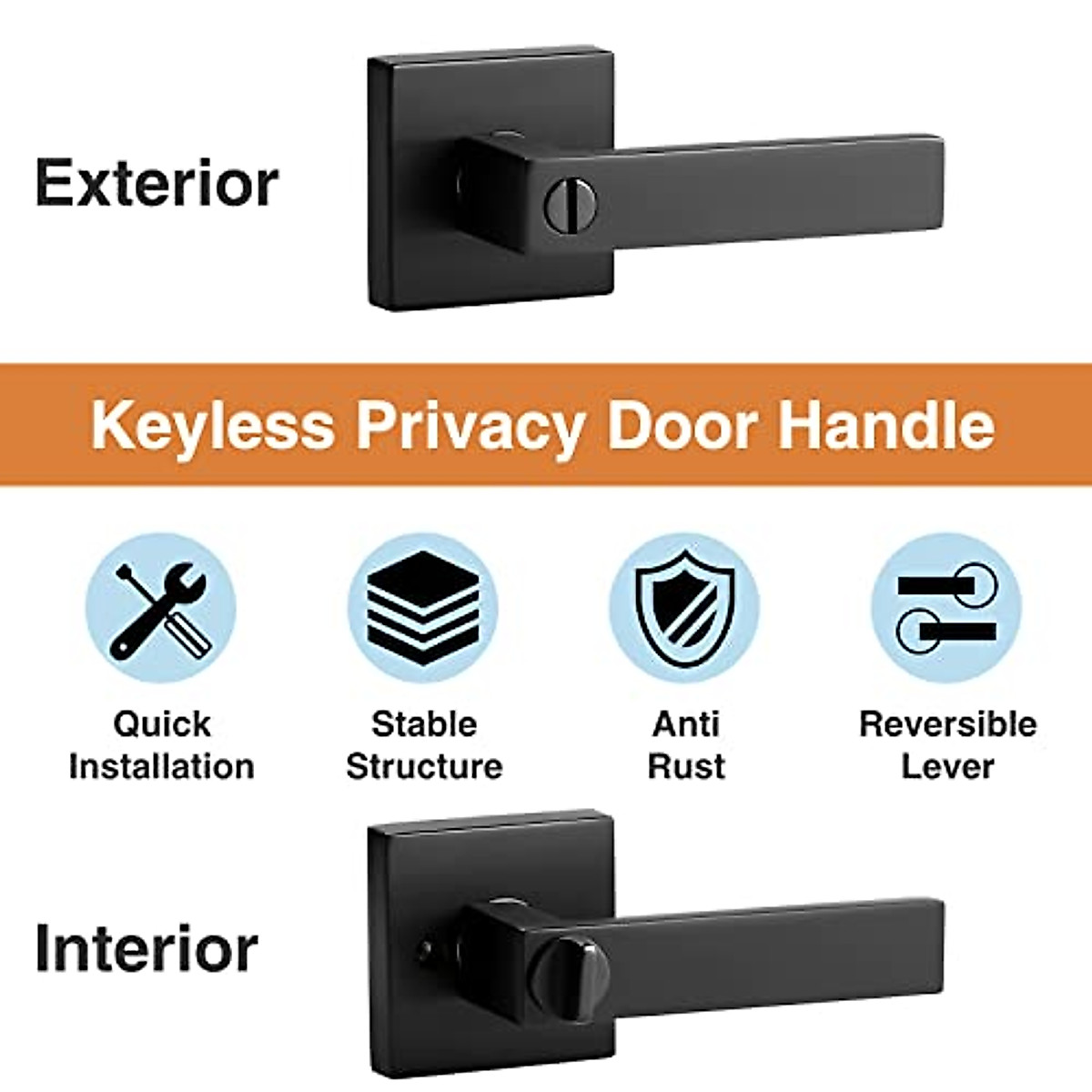 AIKKIL Matte Black Door Handle Interior Knob Keyless Levers Set (6 Pack), Heavy Duty Privacy Lock for Bedroom or Bathroom, Reversible for Left Right Sided Doors
