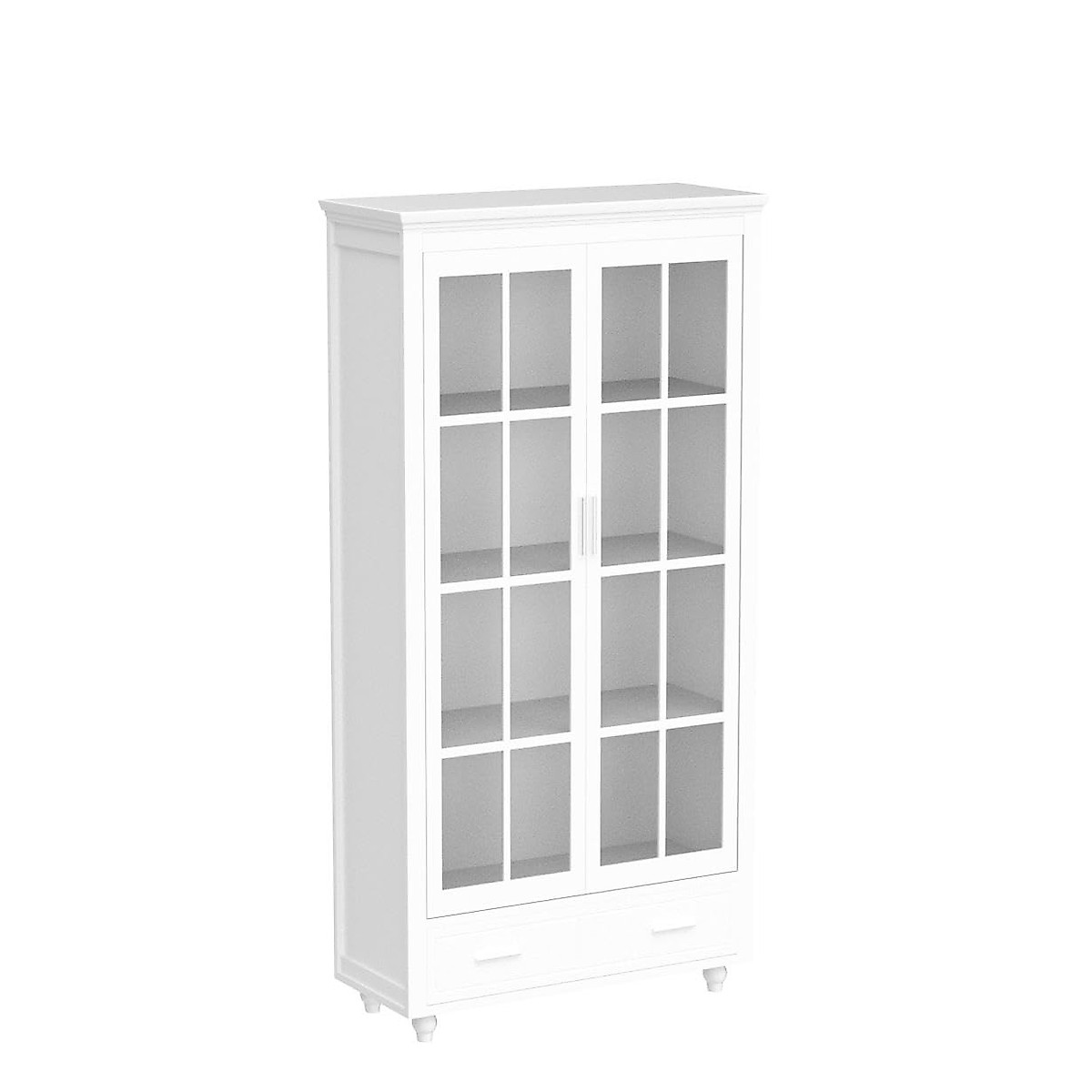 ECACAD Bookcase Storage Cabinet with Glass Doors & Drawer, 3-Tier Wooden Bookshelf Display Cabinet for Living Room, Home Office, White (36.2”L x 14.6”W x 70.9”H)