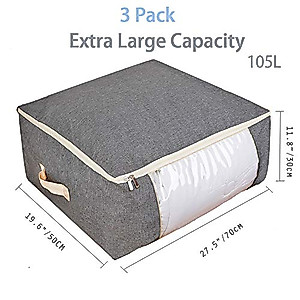 Qozary 3 Pack Large Storage Bags for Comforters, Blankets, Clothes, Quilts and Towels, Better and Sturdy Under Bed Organizer Bag for Closets, Bedrooms (Gray, Extra Large - 105L - 27.5 x 11.8 x 19.6")