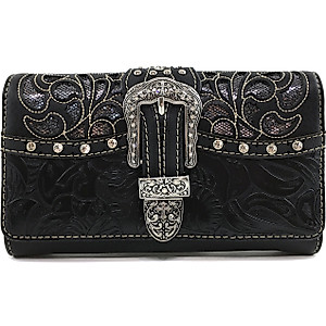 Justin West Laser Cut Rhinestone Silver Buckle Studded Cross Shape Design Wristlet Trifold Wallet Attachable Long Strap (Black Silver)
