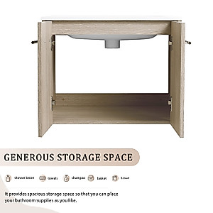 KFHSE 24 Inch Modern Set,Wall Mounted Bathroom Vanity Sink Combo with Top Basin & Soft Closing Door,Storage Wood Hanging Bath Cabinet for Small Space,White Oak