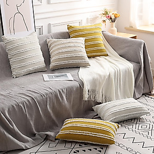 Pallene Boho Decorative Throw Pillow Covers, Neutral Striped Pillow Covers 18X18 Set of 2, Beige Cotton Linen Pillow Covers for Couch Sofa Living Room.