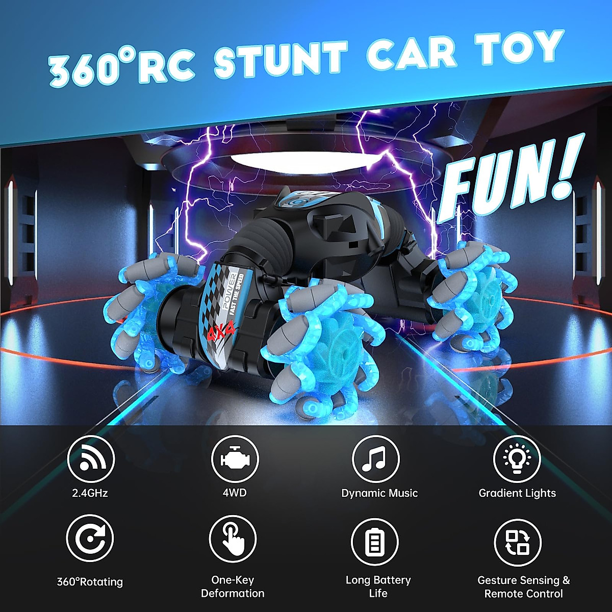 360° Rotating Gesture Sensing 4WD Stunt Car with Lights Music, Hand Controlled RC Car for 6-12 Year Olds