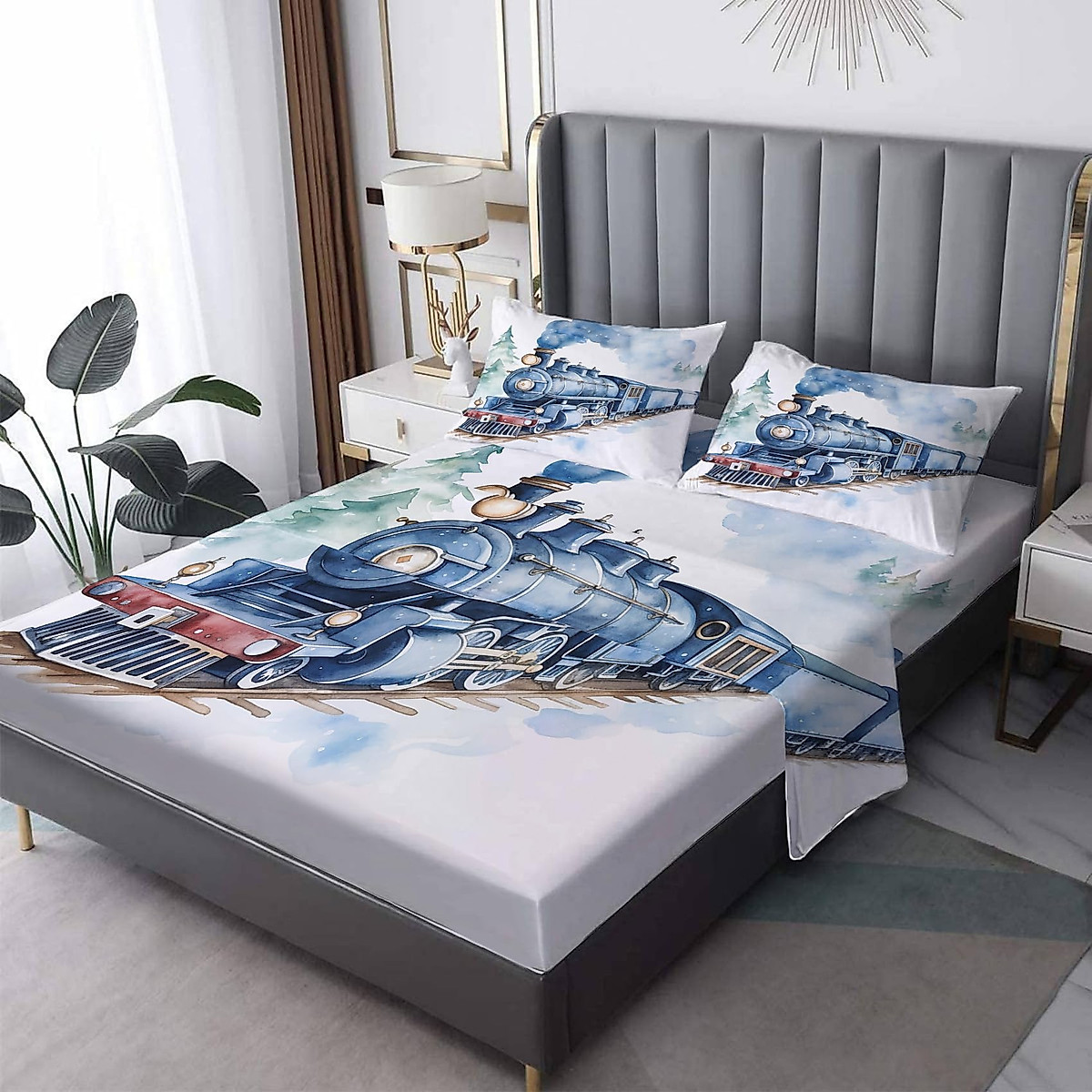 MPNVYU Train Kids Boys Sheets Twin XL Sheet Set, Steam Engine Bed Sheets, Locomotive Bedding Bedroom Decor, Soft Microfiber Deep Pocket Fitted Sheet & Flat Sheet & 1 Pillowcase