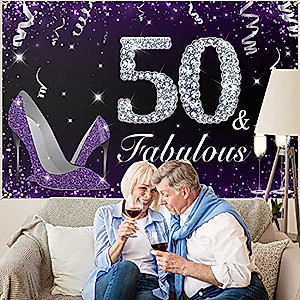 HAMIGAR 6x4ft Happy 50th Birthday Banner Backdrop - 50 & Fabulous Heels Birthday Decorations Party Supplies for Women - Purple