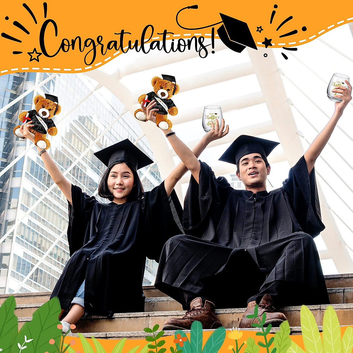 Junkin Graduation 2024 Gifts Set Congrats Grad Gift for Her Him Now Hotter by One Degree 15 oz Wine Glass Cup and Plush Grad Bear College University Graduates Class of 2024 Party Gift Favor Present