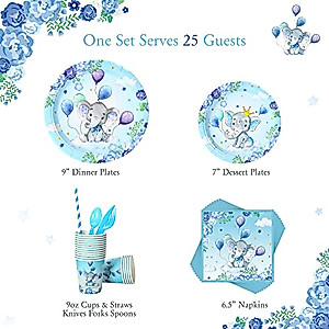 200 Pcs Elephant Baby Shower Party Supplies for 25 Guests Blue Paper Plates Cups Napkins Straws Tableware Sets for Boys Baby Shower Decorations Elephant Theme 1st Birthday Party Favors