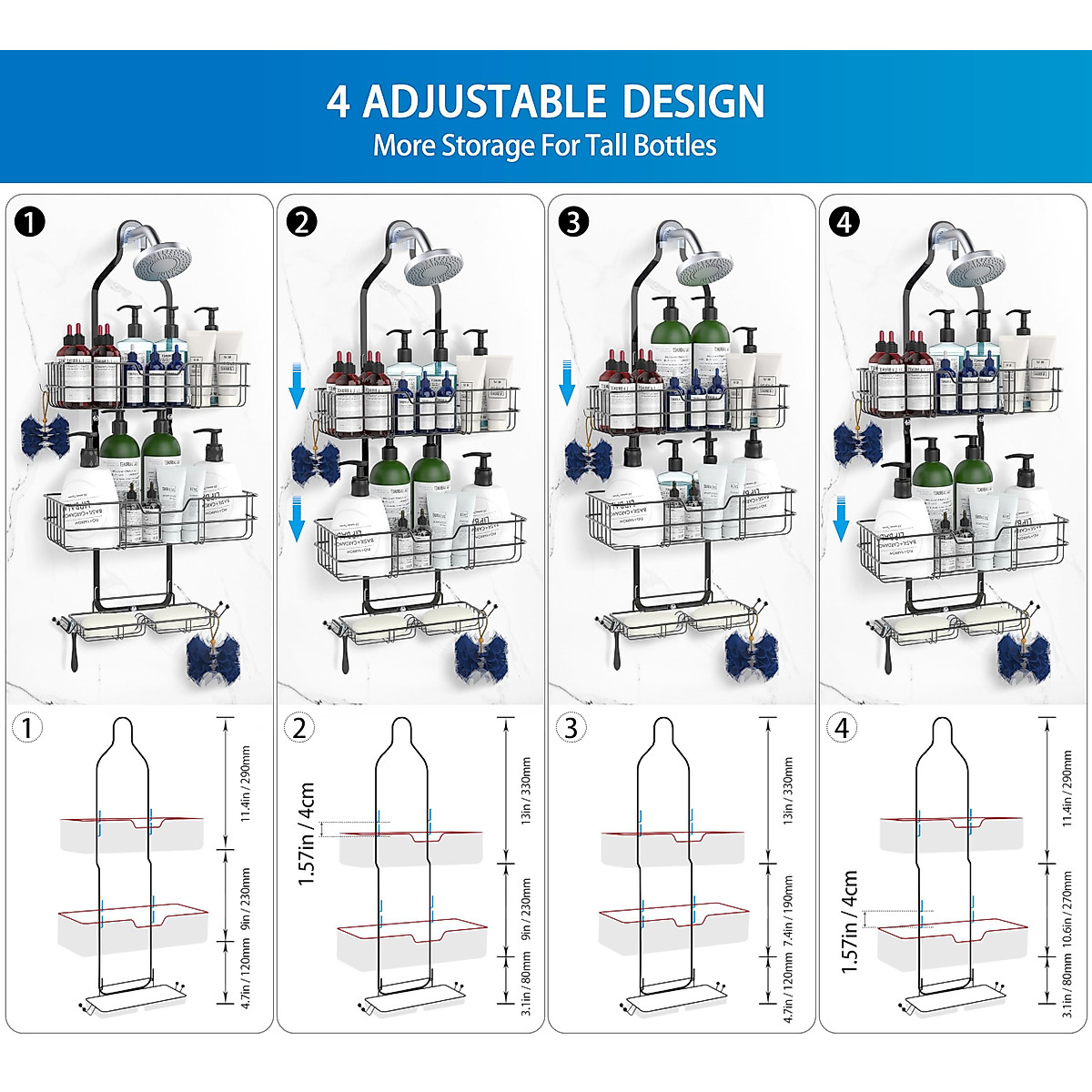 Turfson Hanging Shower Caddy Over Shower Head,Height Adjustable Shower Organizer Hanger Storage Rack Shelf For Inside Rustproof Bathroom Wall Basket With Soap Shampoo Holder Organization Black