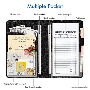 Server Books for Waitress - Leather Waiter Book Server Wallet Cute Waitress Book&Waitstaff Organizer, Guest Check Book Holder Money Pocket Fit Server Apron, Glitter Black