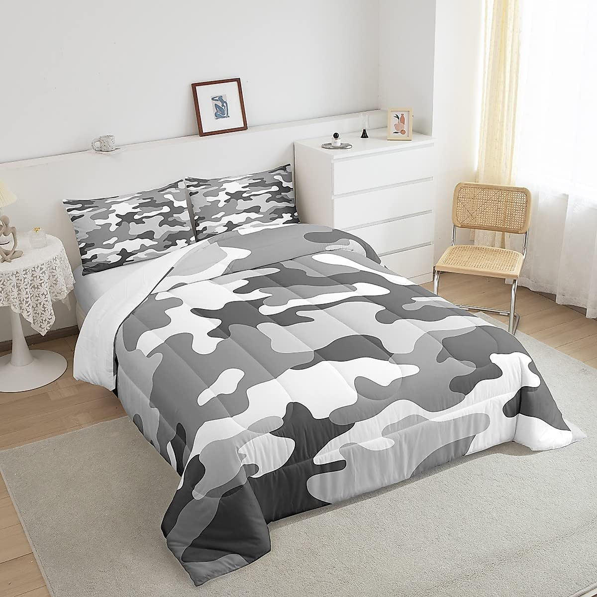 Homewish Boys Kids Camouflage Comforter Set Twin Size Black White Grey Bedding Set 2pcs for Teens Men Bedroom Decor Army Camo Abstract Quilt Set Modern Duvet Insert with 1 Pillowcase