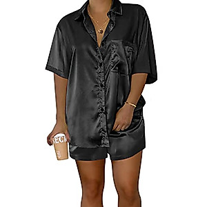 Ekouaer Satin Pajamas for Women Soft Short Sleeve Nightwear Button Down Pjs with Shorts Summer Silk 2 Piece Set Black,Medium