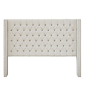 Madison Park Amelia Upholstered Headboard | Nail Head Trim Wingback Button Tufted | Queen, Cream