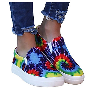 Women’s Slip On Sneakers Tie-Dye Colorblock Casual Shoes Fashion Comfortable Walking Shoes Canvas Flats
