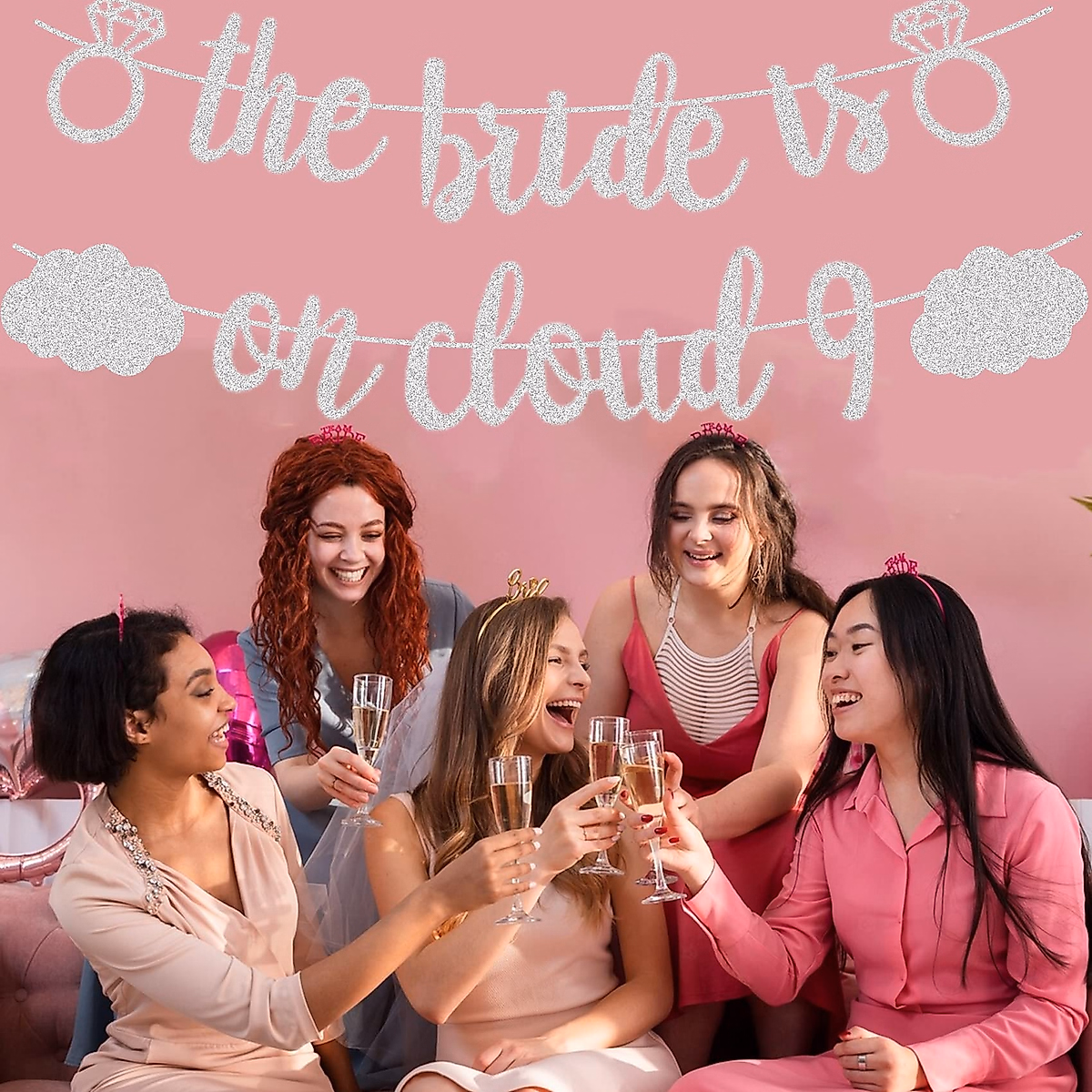 The Bride Is on Cloud 9 Bachelorette Party Banner, Glitter Silver Hanging Cloud Decorations Bridal Shower Sign Party Favors Hen Parties Engagement Wedding Receptions Party Supplies