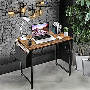 Lufeiya Small Computer Desk Study Table for Small Spaces Home Office 31 Inch Rustic Student Laptop PC Writing Desks with Storage Bag Headphone Hook,Brown