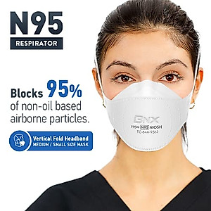 BNX N95 Mask NIOSH Certified MADE IN USA Particulate Respirator Protective Face Mask, Tri-Fold Cup/Fish Style, (20-Pack, Approval Number TC-84A-9362 / Model F95W) White