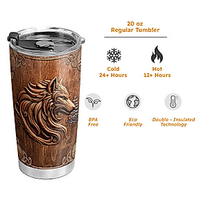 20oz Wooden Viking Wolf Tumbler, Norse Mythology, Viking Gifts for Men, Gifts for Wolf Lovers, Coffee Thermos, Stainless Steel Double Wall Vacuum Insulated Coffee Mug, Travel Cup with Lid