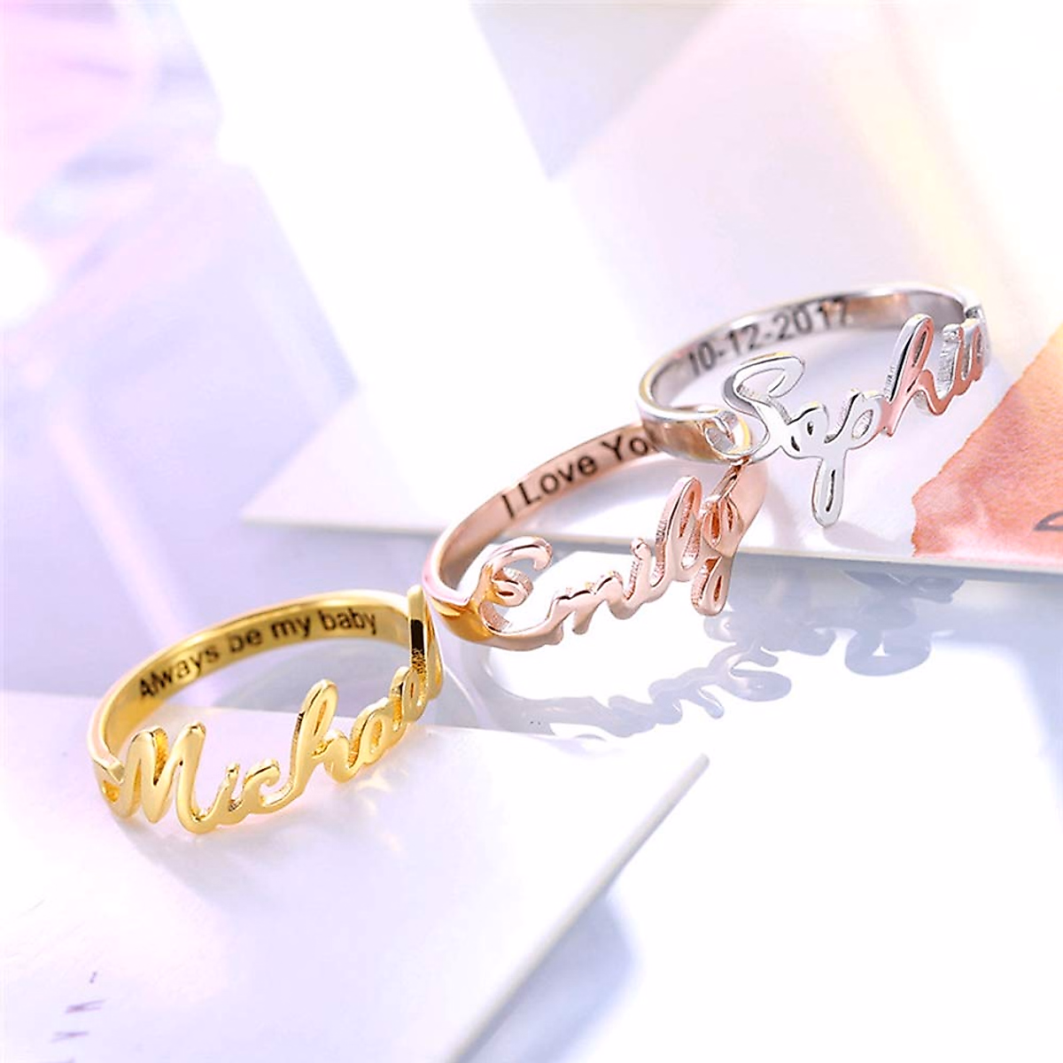 LONAGO Personalized Name Ring Custom Name Plate Stacking Ring Engrave Word Name Initial Ring for Women (Sterling Silver,Yellow Gold Color)