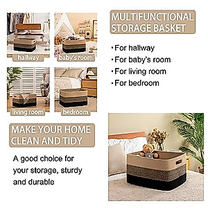 OIAHOMY Large Cotton Rope Basket, Rectangle Woven Baskets for Storage, Nursery Blanket Basket Living Room, Toy Basket with Handle, Large Baskets for Organizing-22”x17”x12”-Yellow Black