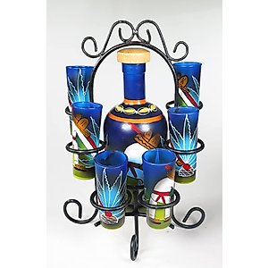 Eye4Art Mexican Tequila Shot Glasses and Bottle Set, Tequila Making Scene, Poncho with Agave Cactus hand painted Bottle, with display stand