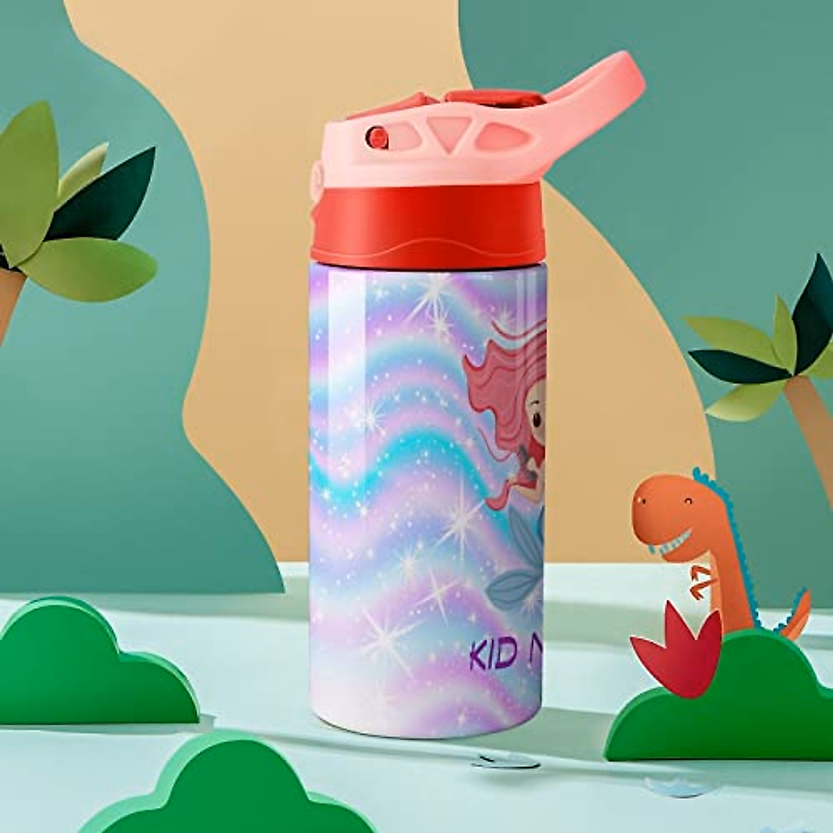 Custom Pink Mermaid Kids Water Bottle with Straw Lid Personalized Add Your Text Stainless Steel Sports Water Bottles Customized Reusable Leak-Proof Toddlers Cup for School, Travel