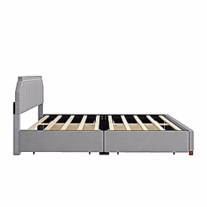 GLORHOME King Size Upholstered Platform Bed with Headboard and 4 Storage Drawers, Solid Support Legs