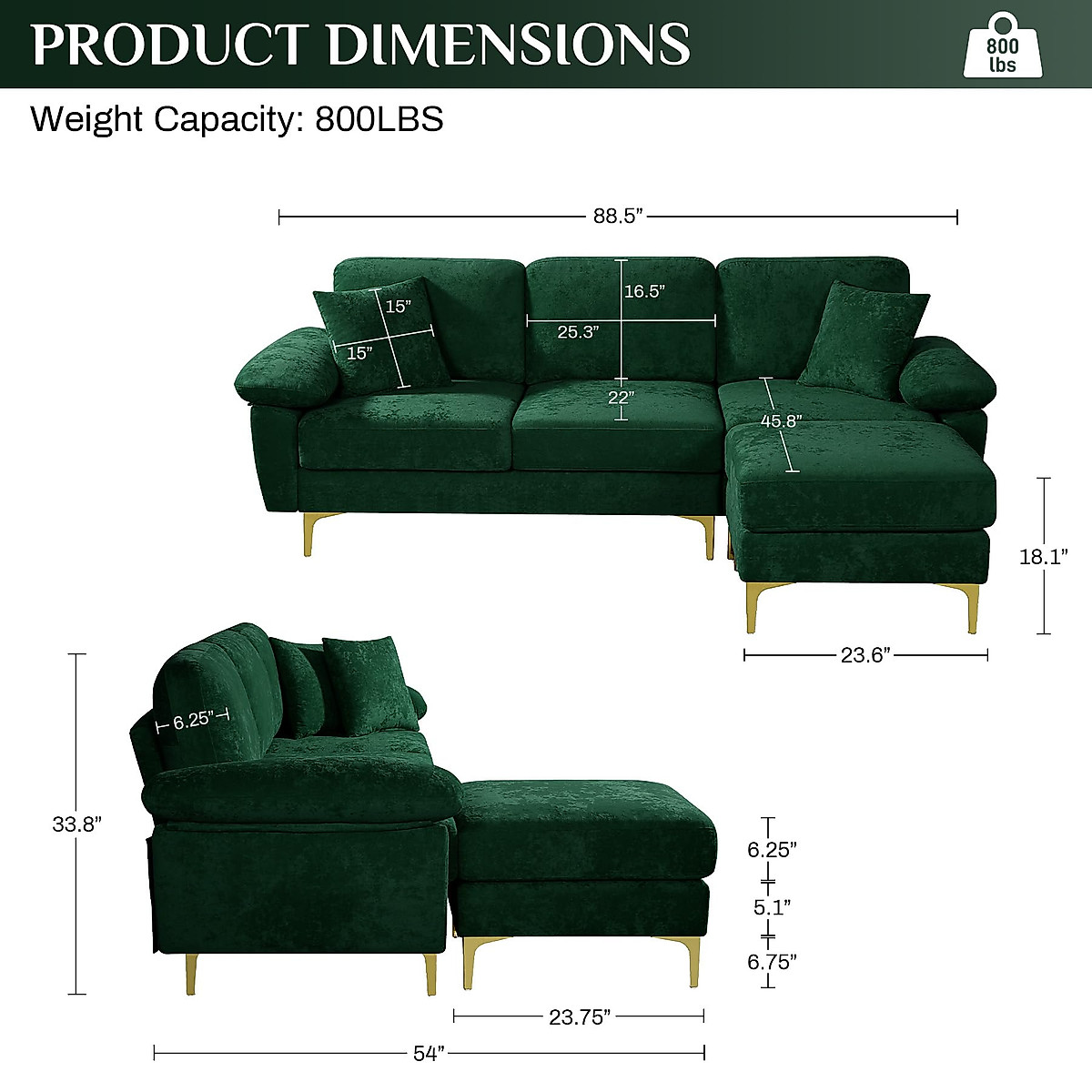 OUYESSIR L Shaped Sectional Sofa Couch, 3 Seat Velvet Sofa with Ottoman and Pillows, Upholstered Comfy Couch Sleeper for Living Room, Bedroom, 88 inches (Green)
