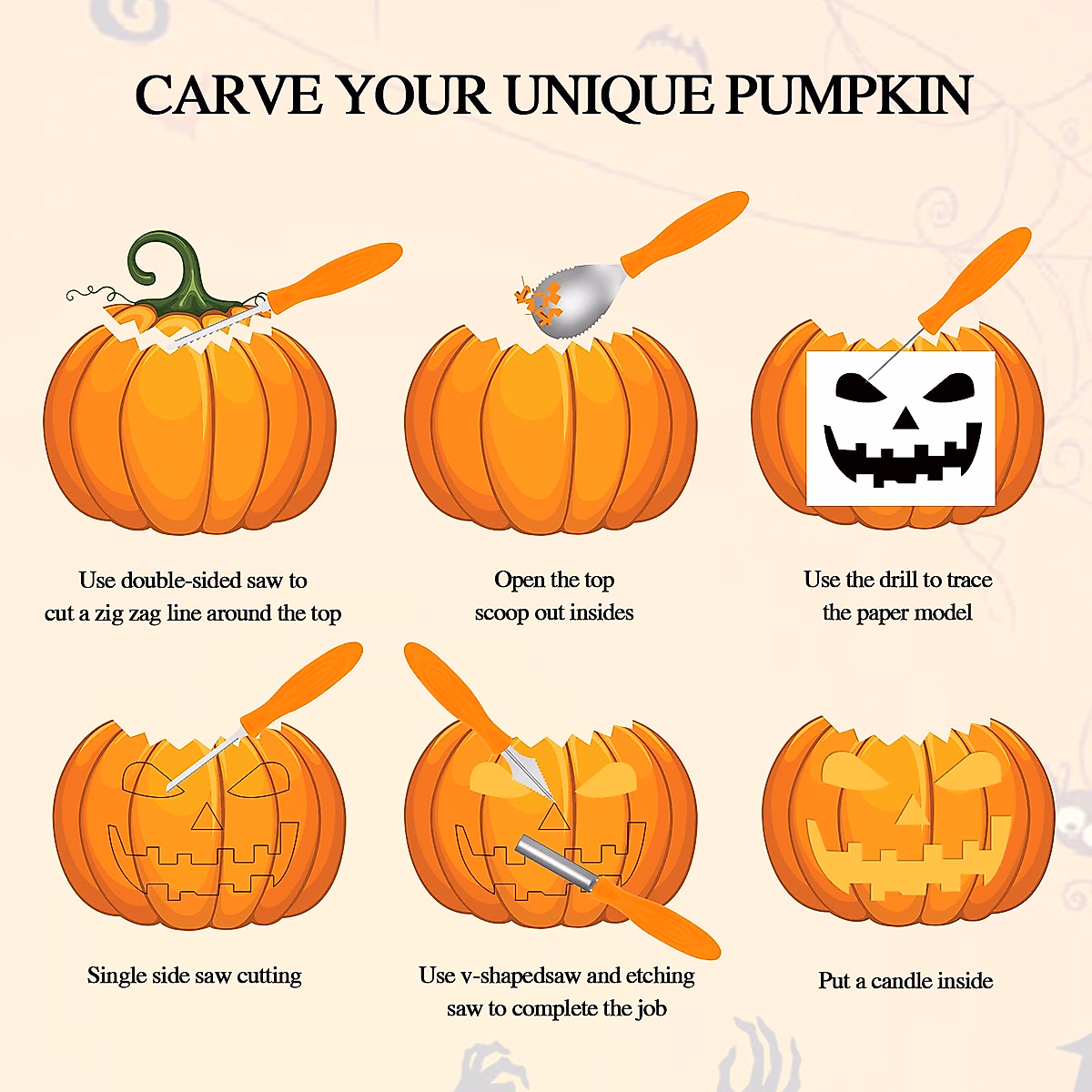 Yatashing Pumpkin Carving Kit Tools 12Pcs DIY Jack-O'-Lantern Professional Sturdy Stainless Steel Supplies Carving Stencils Zipper Bag for Adults & Kids and Halloween Decorations