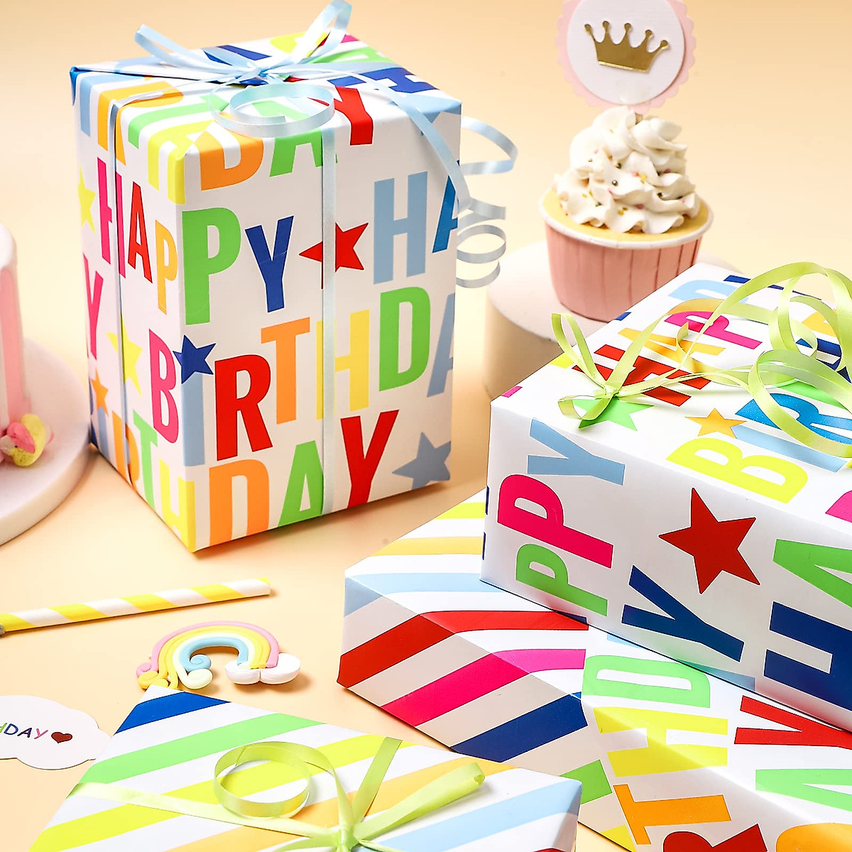 LeZakaa Reversible Birthday Wrapping Paper Jumbo Roll - Happy Birthday Lettering & Stripe - 24 inches x 100 Feet (200 sq.ft.)