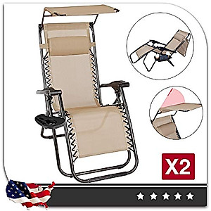 Vosson Folding&Adjustable Zero Gravity Lounge Chair 2 Pack Zero Gravity Chair for Patio Beach Outdoor Camping Pool Yard with Pillow&Canopy Shade&Cup Holder Tray(Tan)
